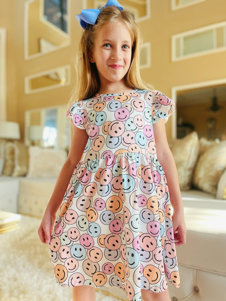 Girls All Smiley Dress with Matching Bow | Bowtism